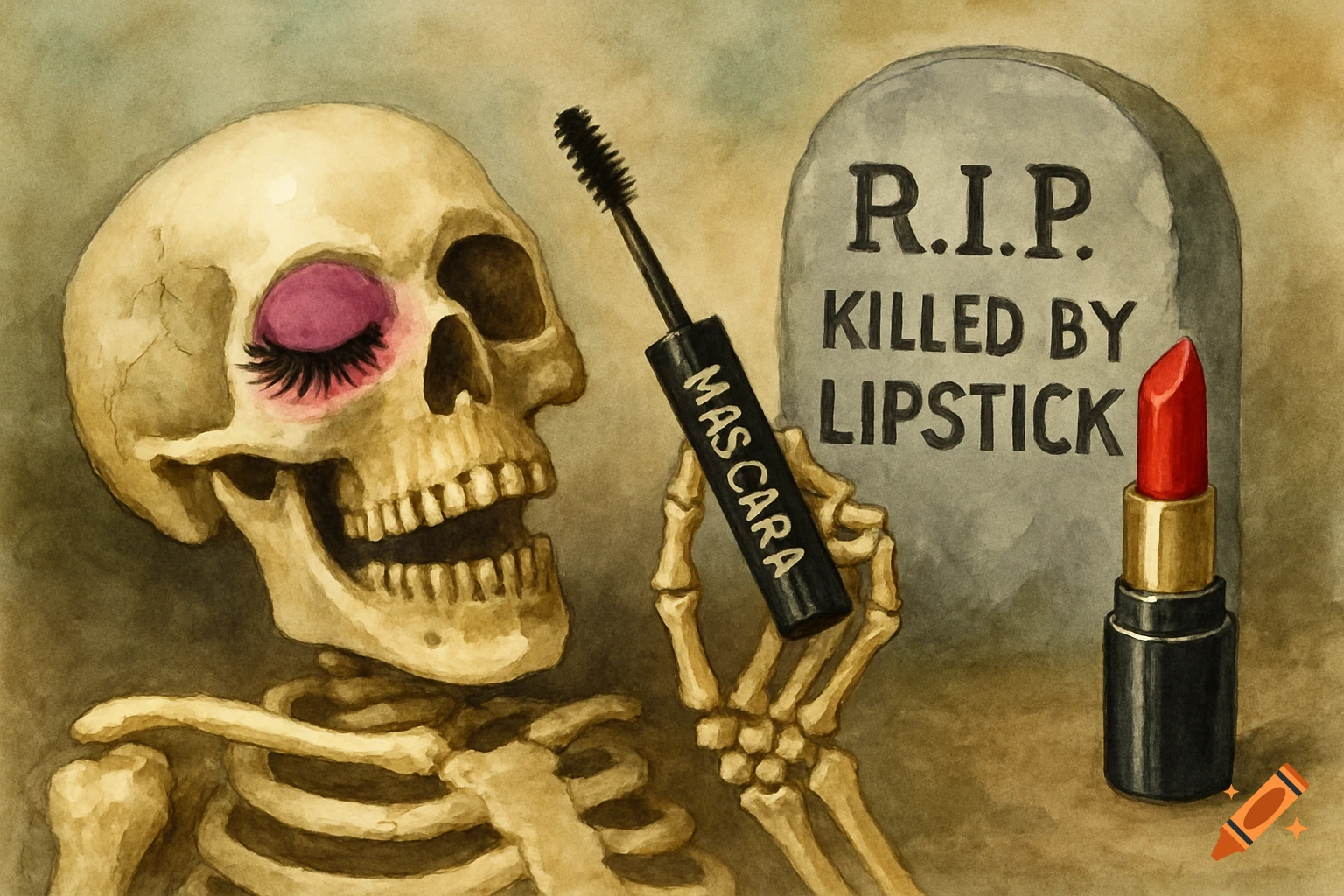 A skeleton with vibrant pink eyeshadow and long lashes holds a mascara ...