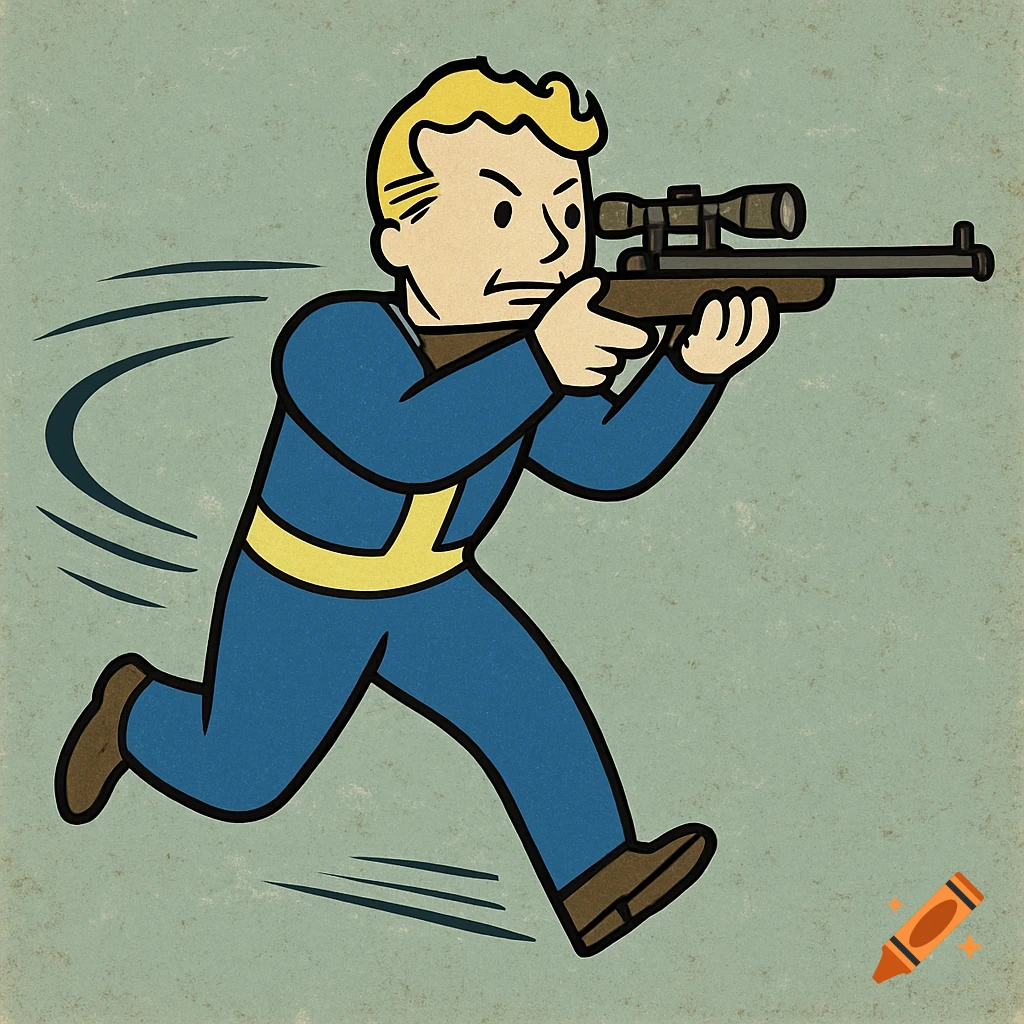 Vault Boy running while aiming a scoped rifle, in a retro Fallout-style ...
