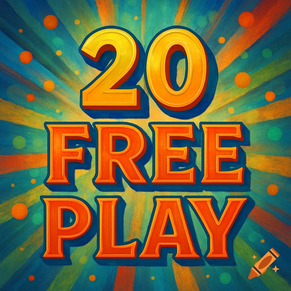 A vibrant graphic with large golden '20' and orange 'FREE PLAY' text ...
