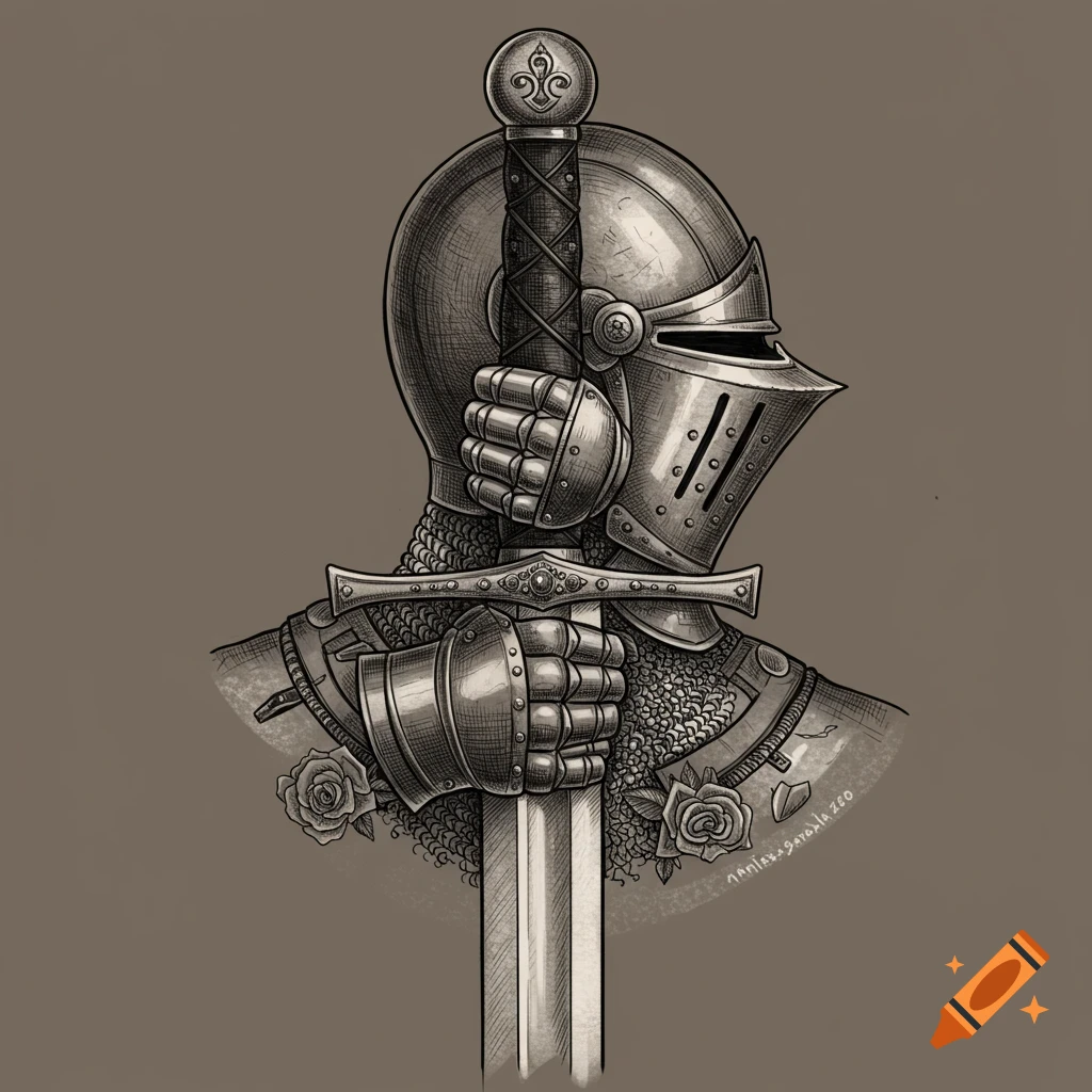 Blackwork illustration of a medieval knight's armored bust and ...