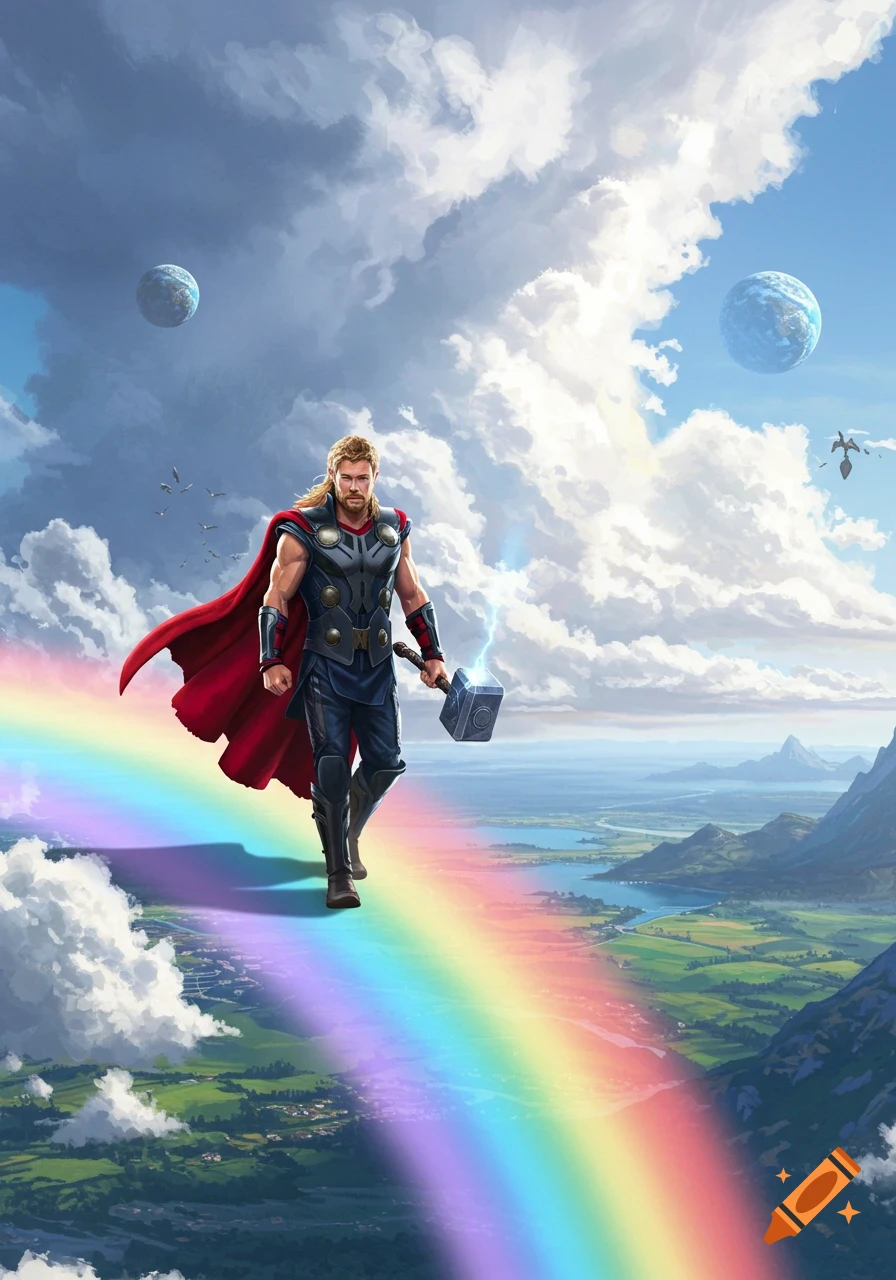 Thor walking on a vibrant rainbow bridge across a fantastical landscape with two planets in the ...