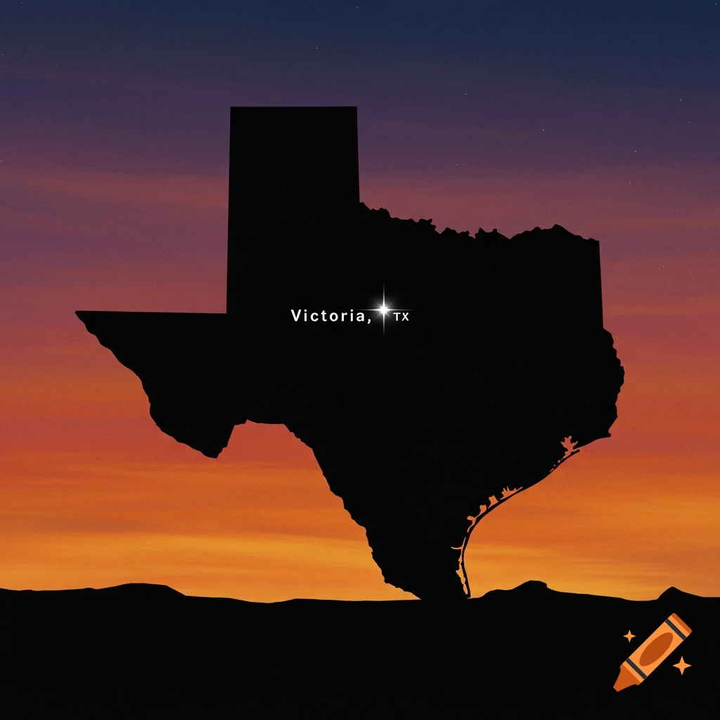 Silhouette map of Texas with Victoria, TX marked by a star against a ...