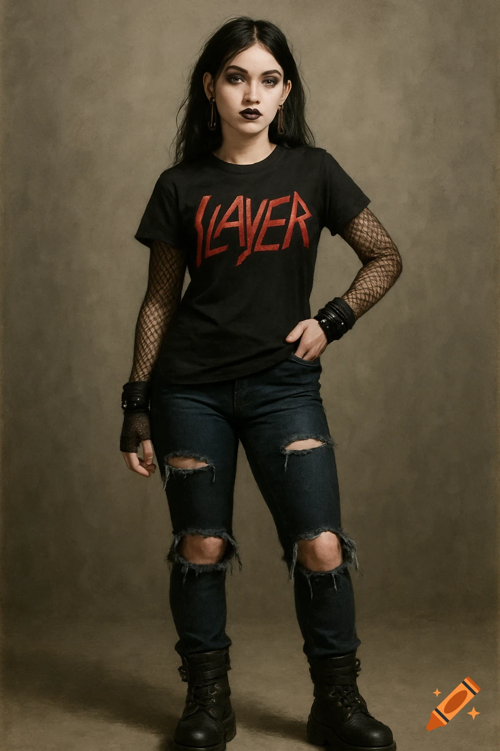 A young woman with long dark hair, dark makeup, wearing a black Slayer ...