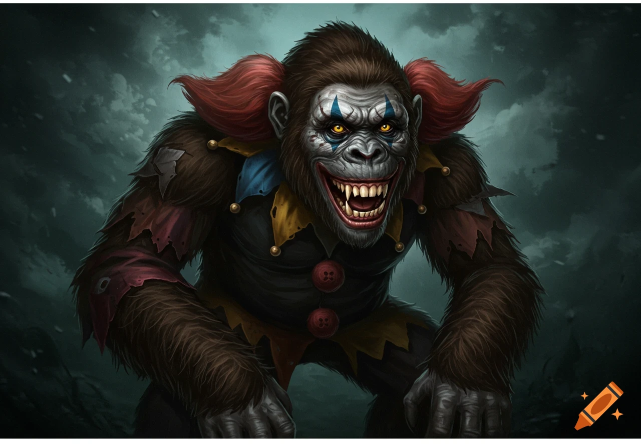 A menacing ape creature with clown makeup, red hair, and a jester ...