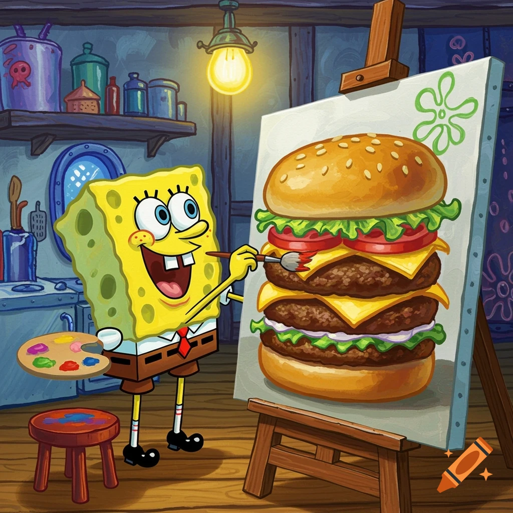 Spongebob SquarePants stands in a kitchen painting a large, detailed ...