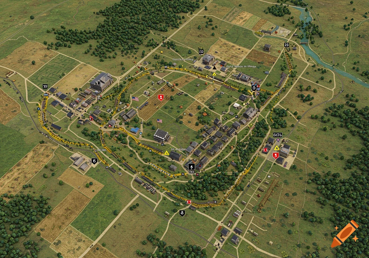 A realistic 3D aerial map of a town and surrounding landscape ...