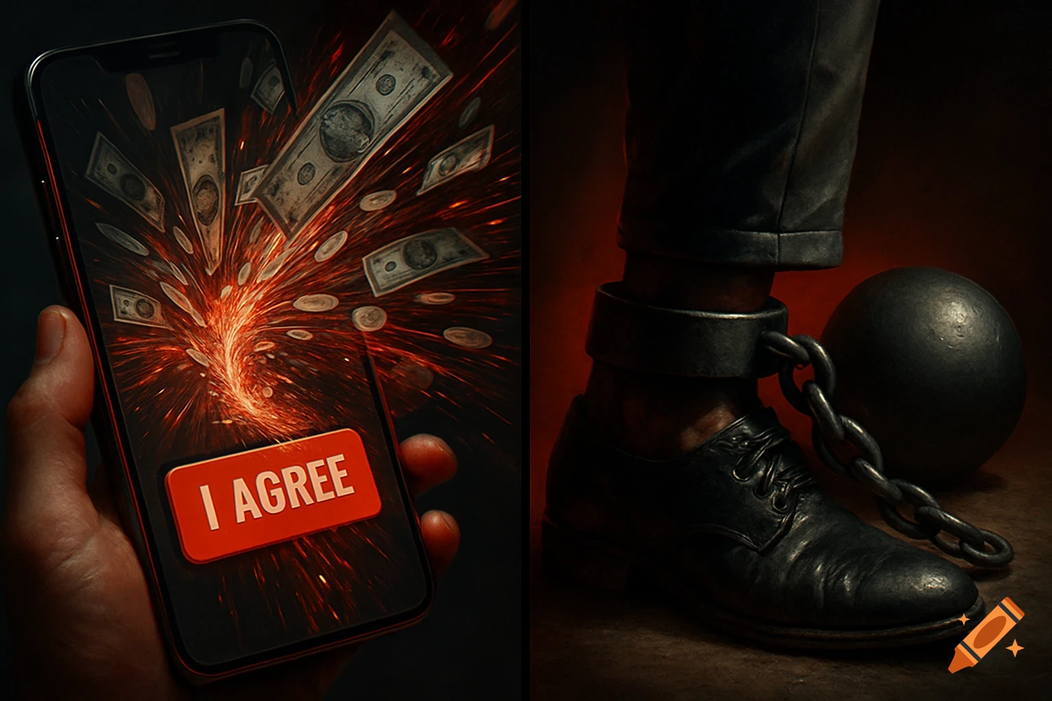 Split screen: left, a hand holds a smartphone with an 'I AGREE' button and money vortex; right ...