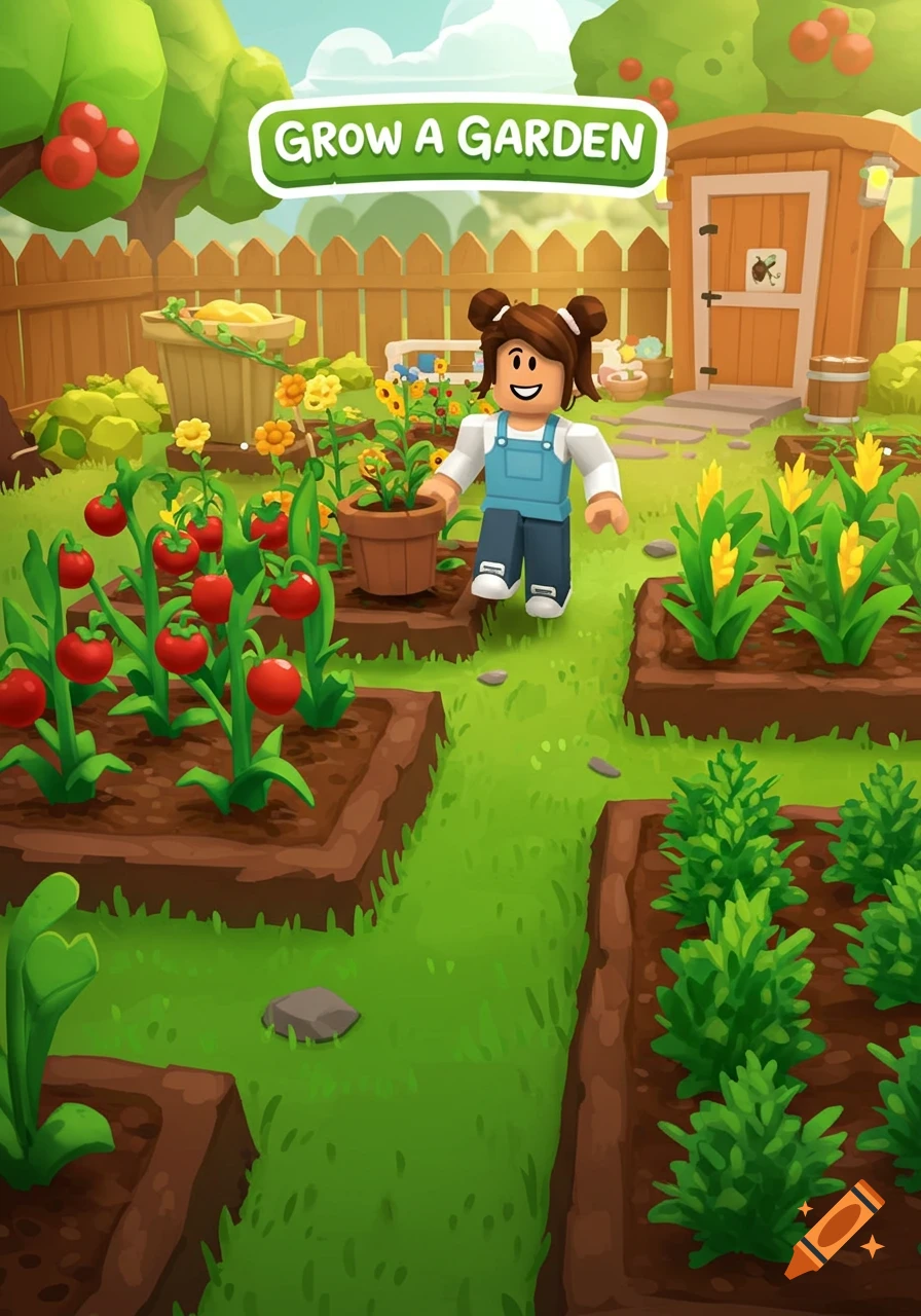 A Roblox girl in a cartoon garden holds a plant pot, surrounded by ...