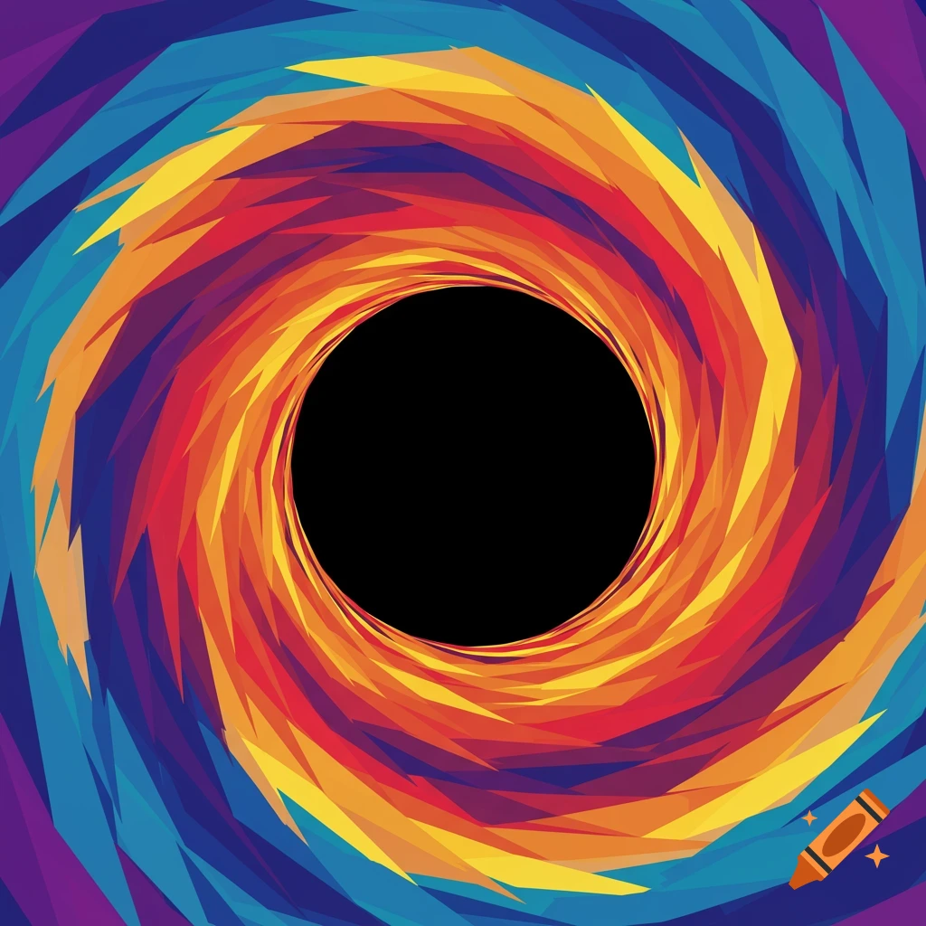 A colorful rainbow swirl made of triangular shapes with a black circle ...