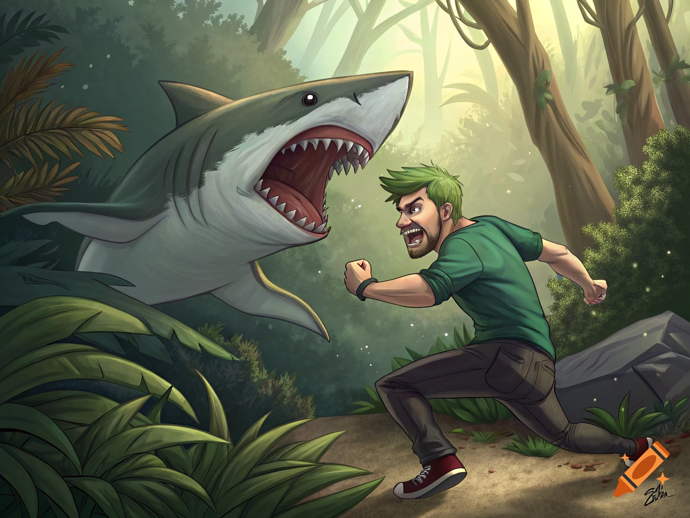 Cartoon illustration of a green-haired man running from a roaring land ...