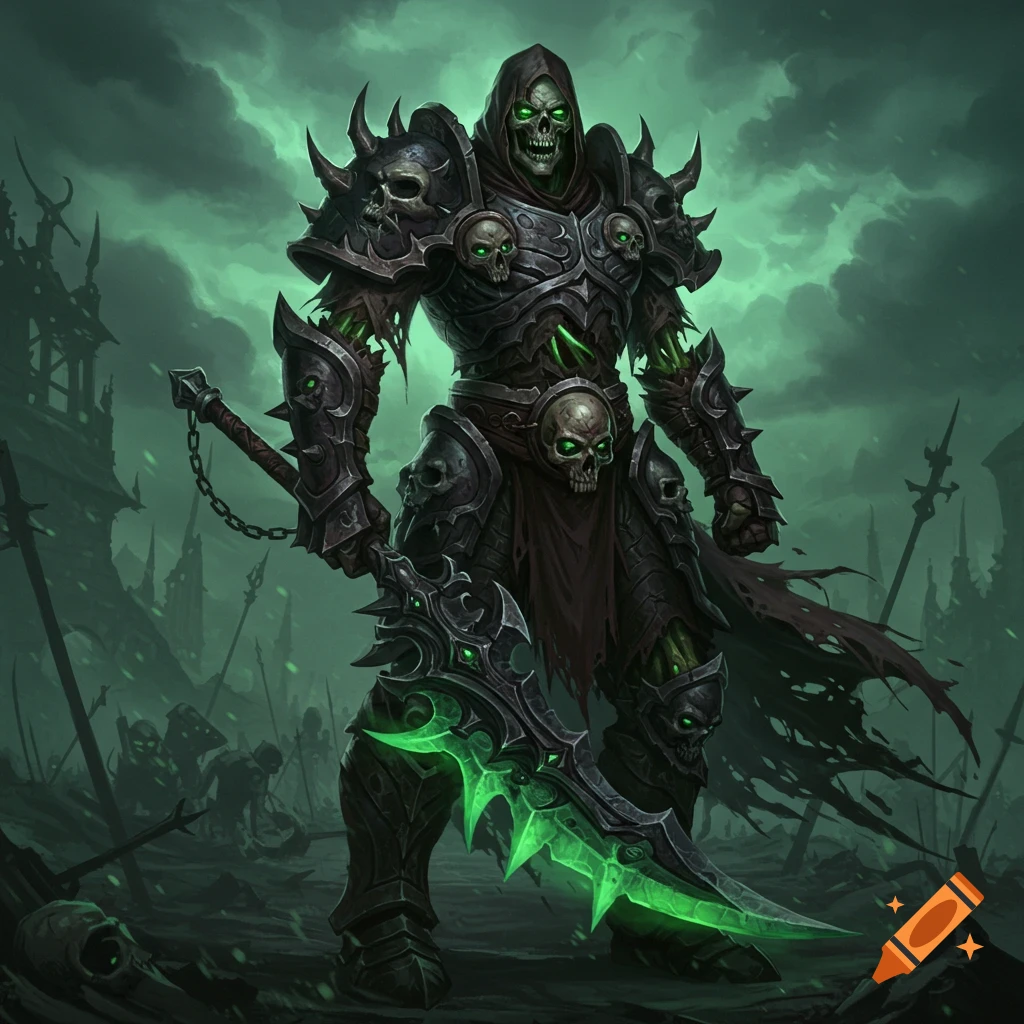 Armored undead warrior with glowing green eyes and spiked sword stands ...