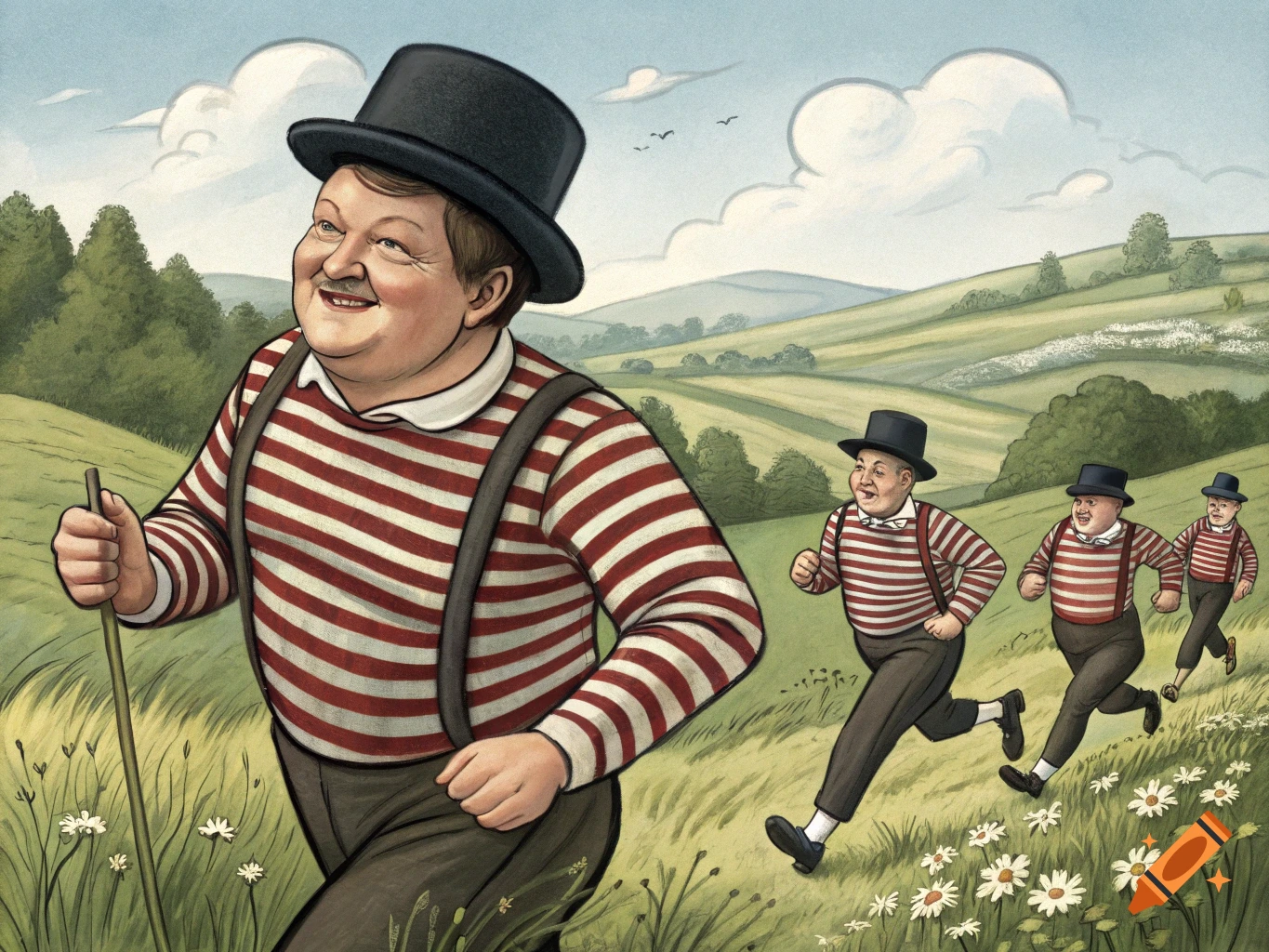 An illustration of a portly man in a striped shirt and bowler hat ...