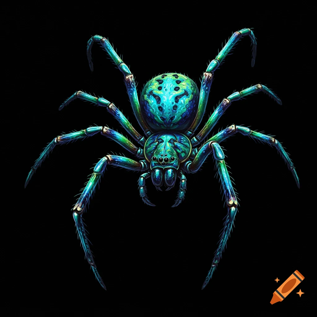 A vibrant, detailed illustration of a blue and green spider against a ...