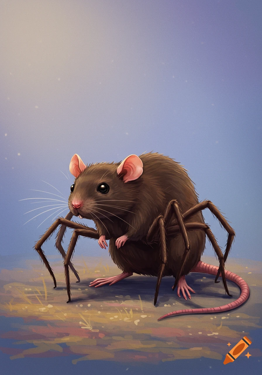 A furry brown rat with spider legs stands on a dirt path under a ...