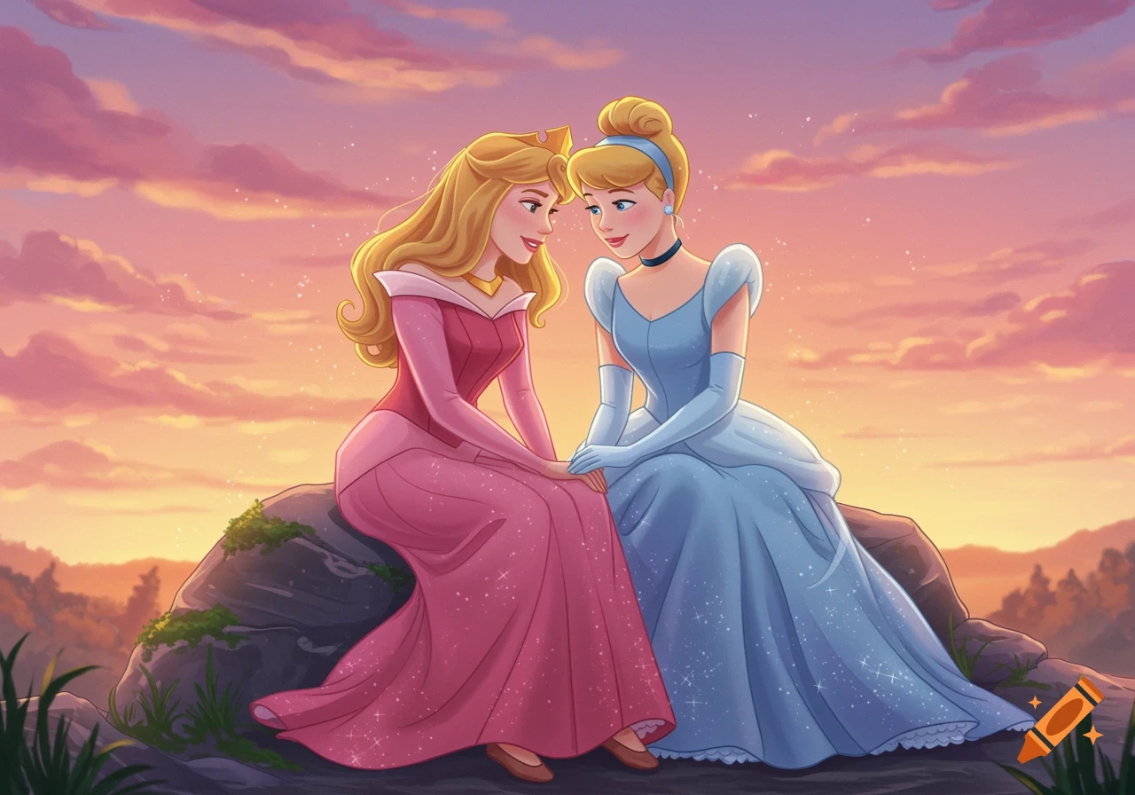 Princess Aurora and Cinderella sit on a rock at sunset in 2D digital ...