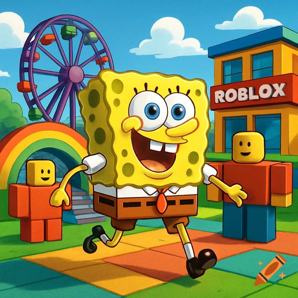SpongeBob SquarePants runs through a colorful amusement park with ...
