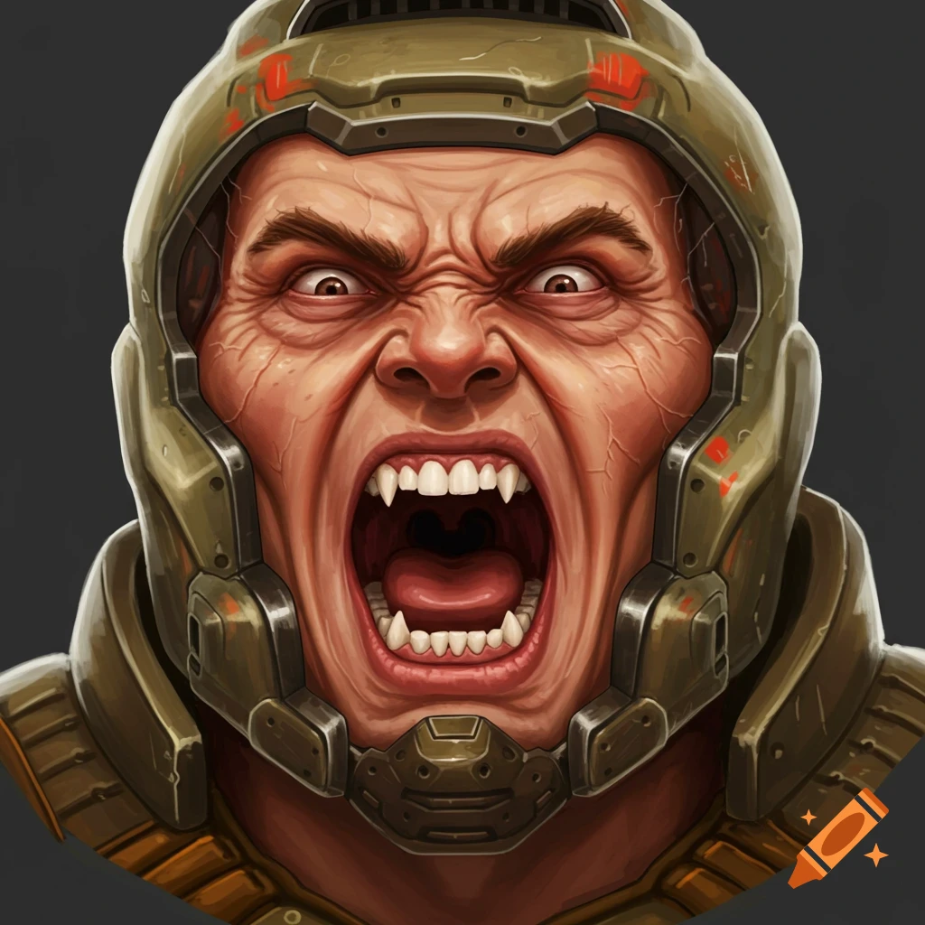 Close-up illustration of Doomguy's face screaming intensely, revealing ...