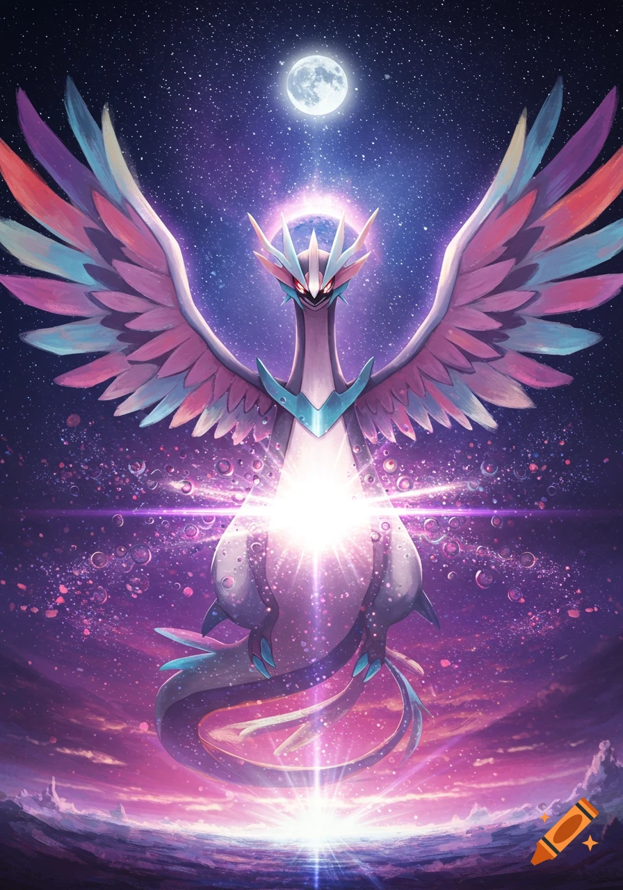 A majestic, iridescent legendary Pokémon with glowing chest and large ...