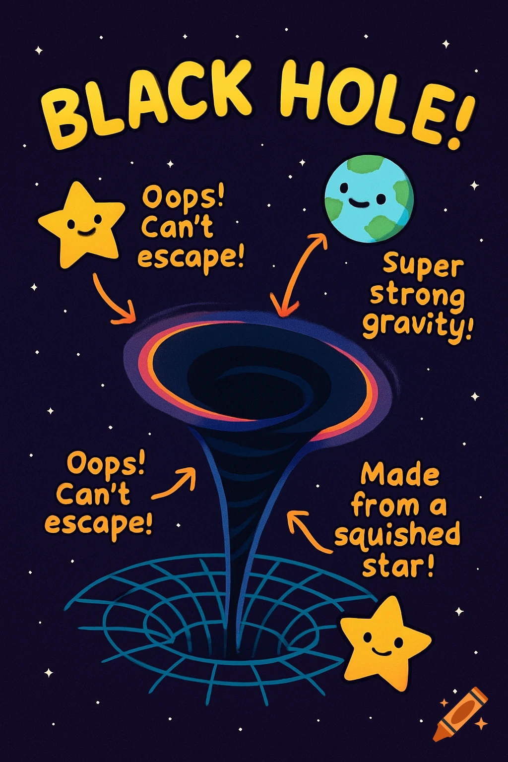 A colorful cartoon illustration of a black hole pulling in smiling ...