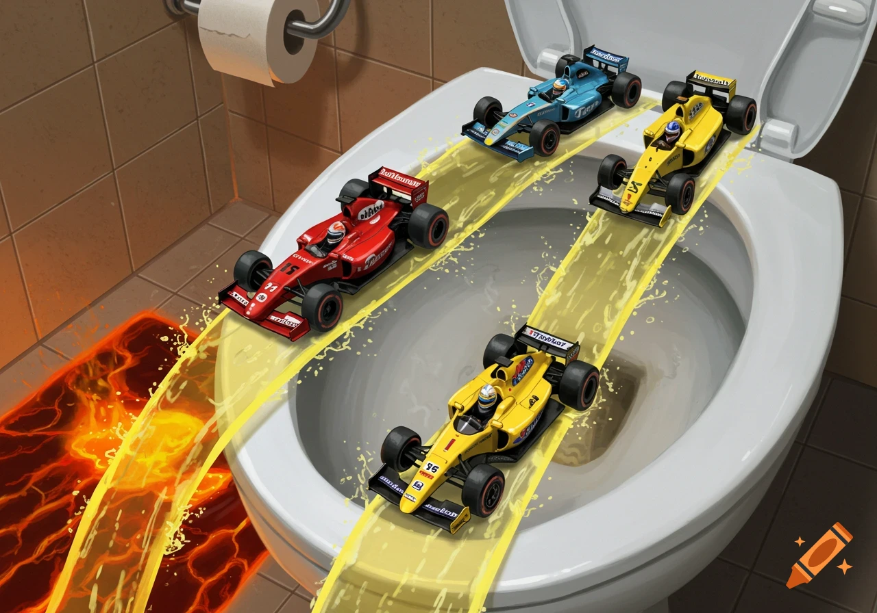 Four colorful miniature Formula 1 cars racing down yellow streams into ...