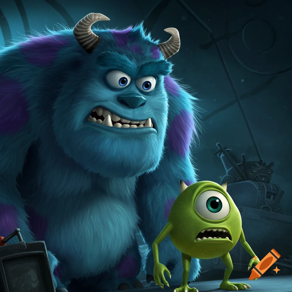 Large blue furry monster Sully glares menacingly at small green one ...