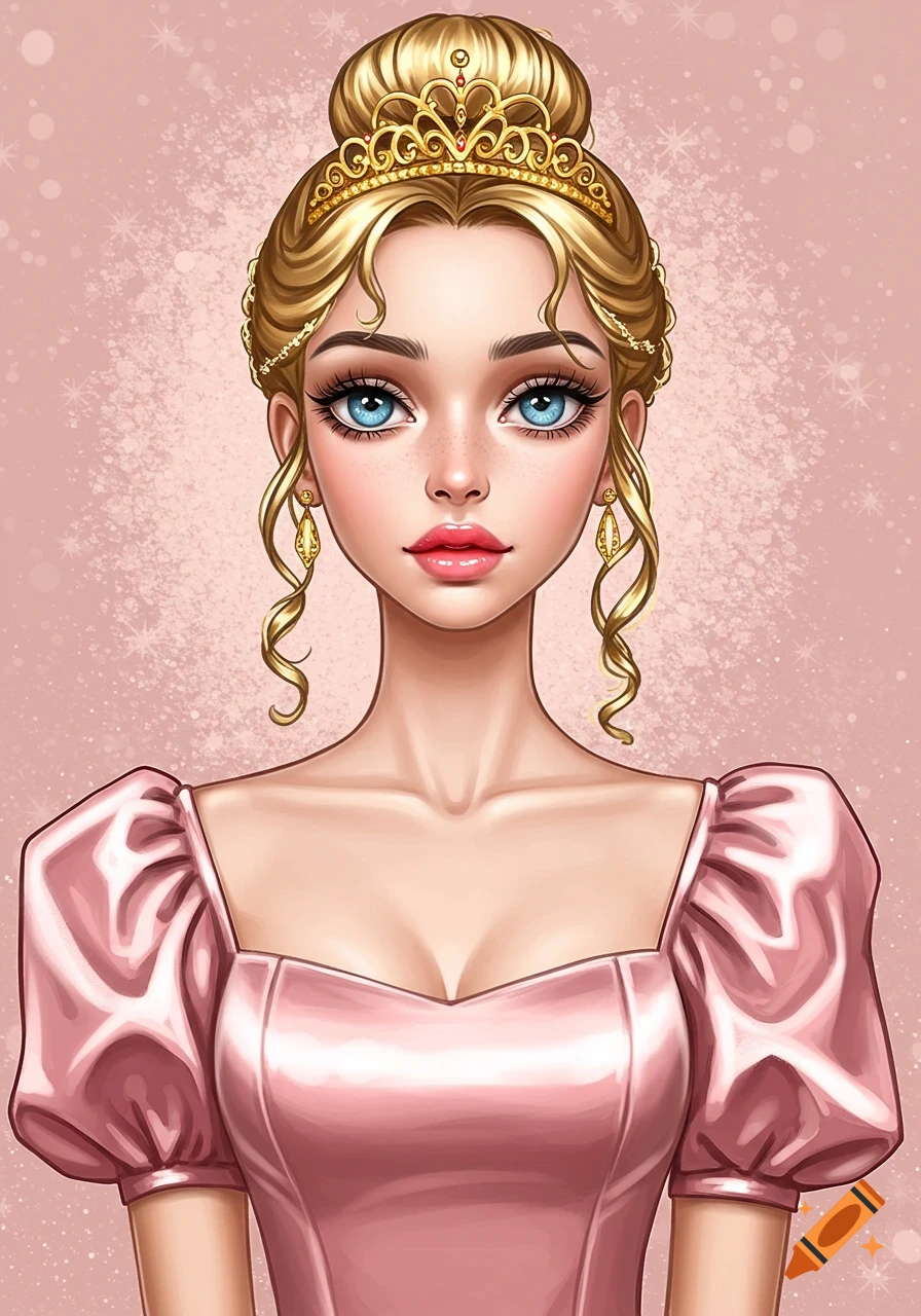 A cartoon princess with a golden bun, ringlets, large blue eyes, glossy ...