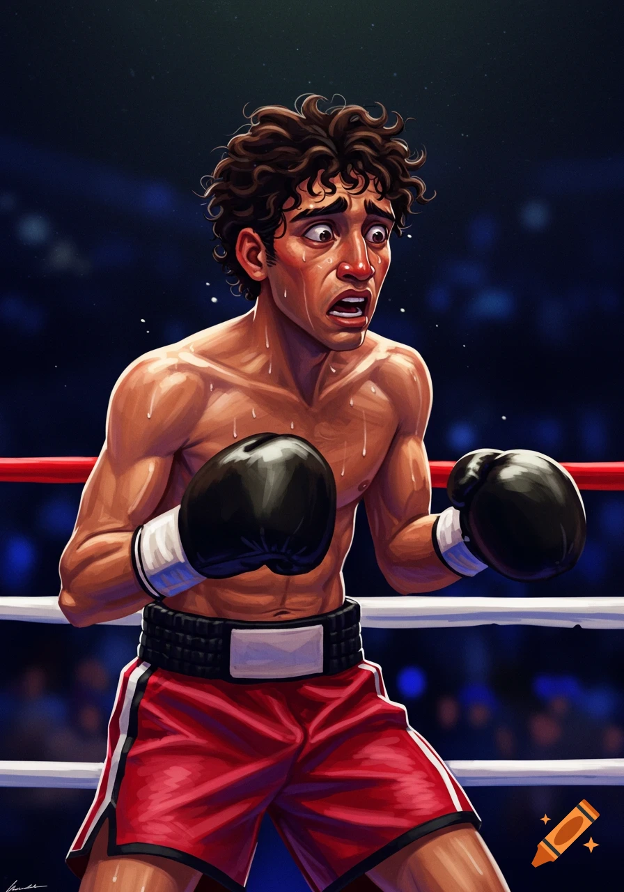 Stylized illustration of a scared, sweating Latino boxer in a red and ...
