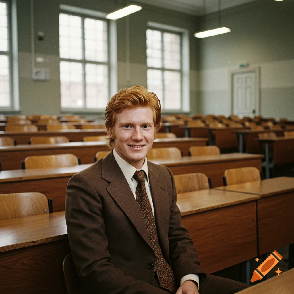 A smiling ginger man in a suit sits in a 1970s university lecture room ...