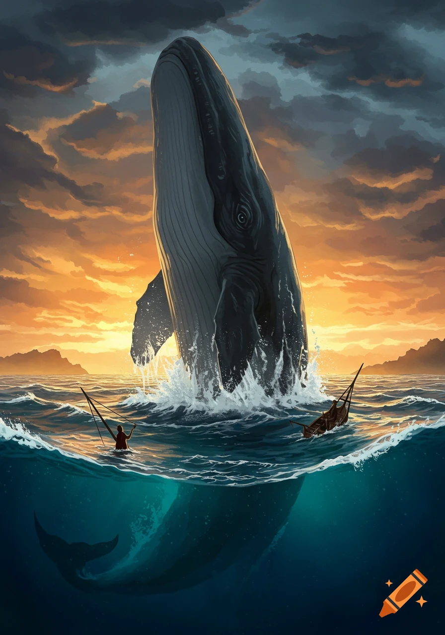 A colossal whale breaches dramatic ocean waves under a stormy sunset sky, dwarfing a person in a ...