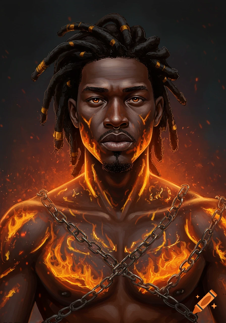 A dark-skinned man with fiery skin and golden dreadlocks, bound by ...