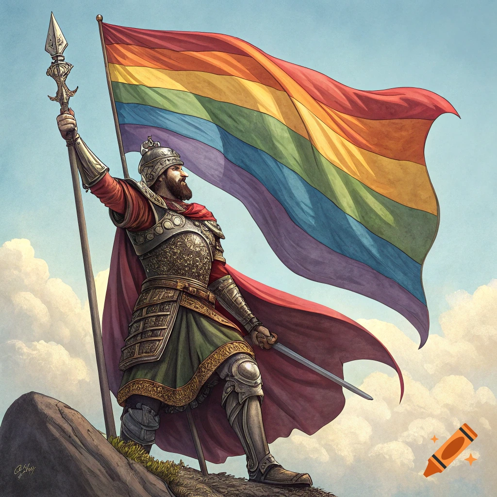 Bearded warrior in ornate armor on a rocky hill, holding a large ...