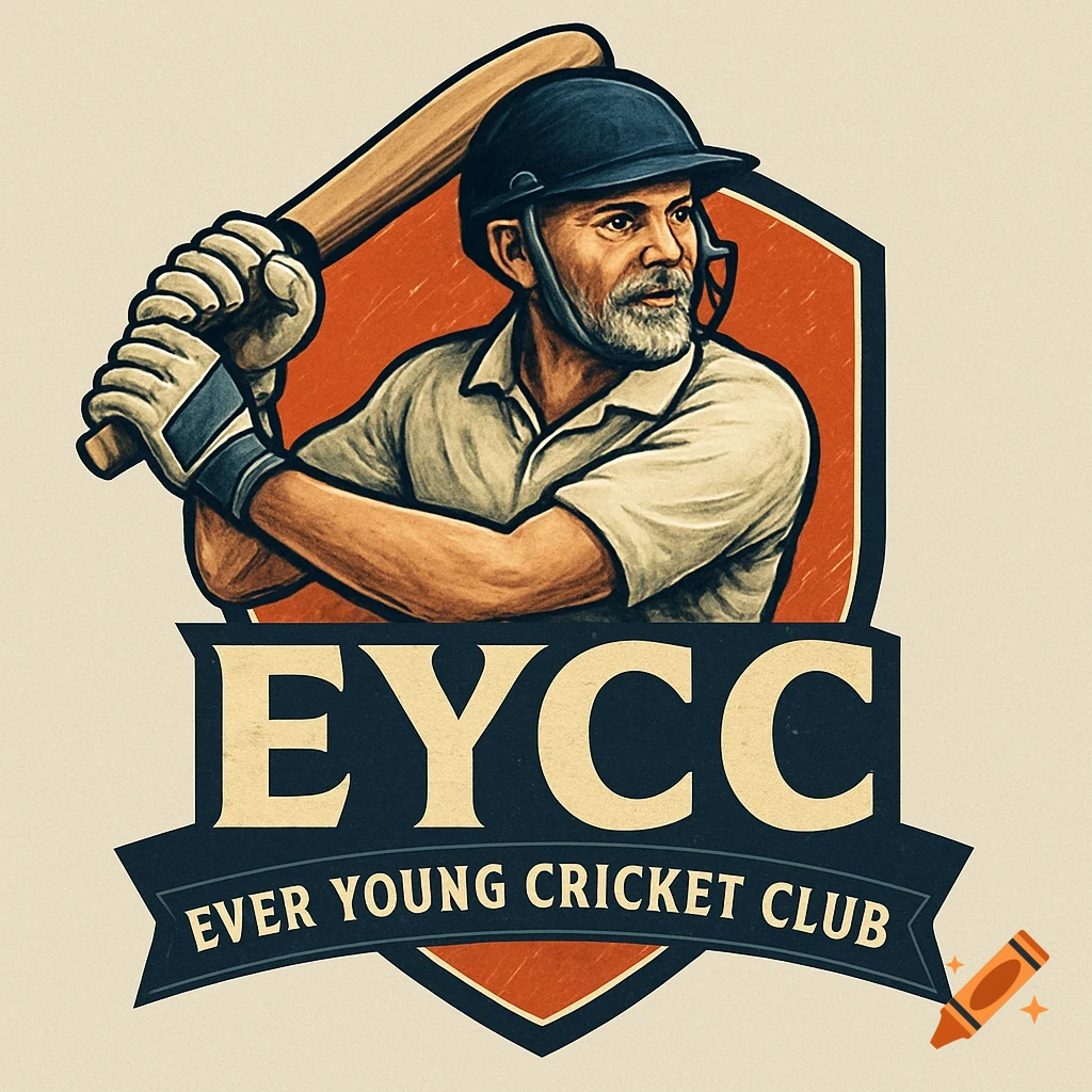 A vintage-style logo featuring a bearded man in a cricket helmet ...