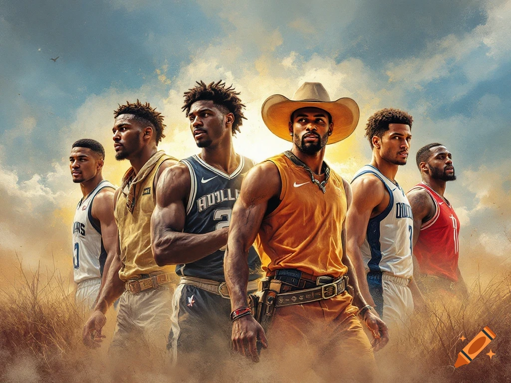 Six basketball players, one in a cowboy hat, in a dusty western ...