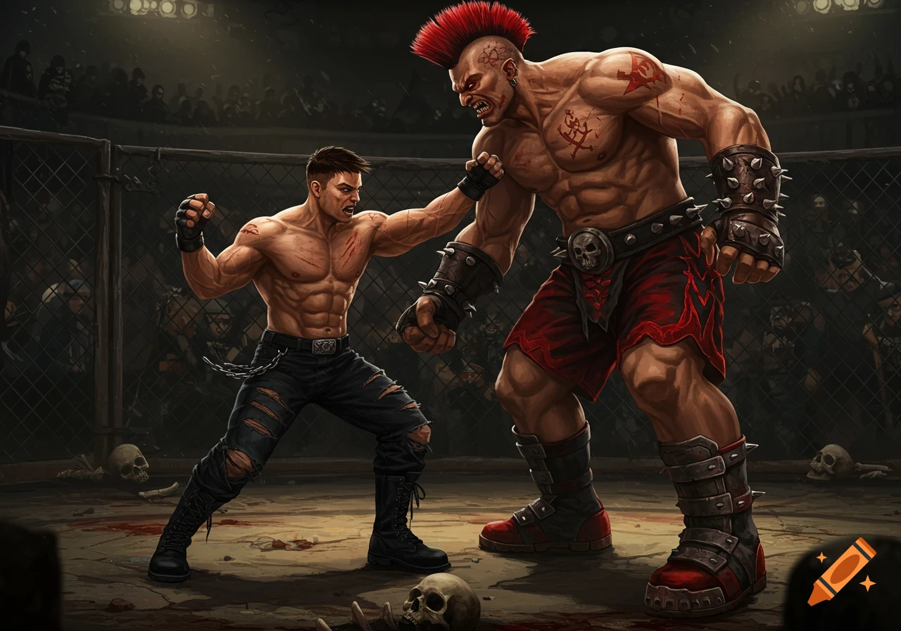 A muscular man in ripped pants fights a large, red-mohawked giant in a ...