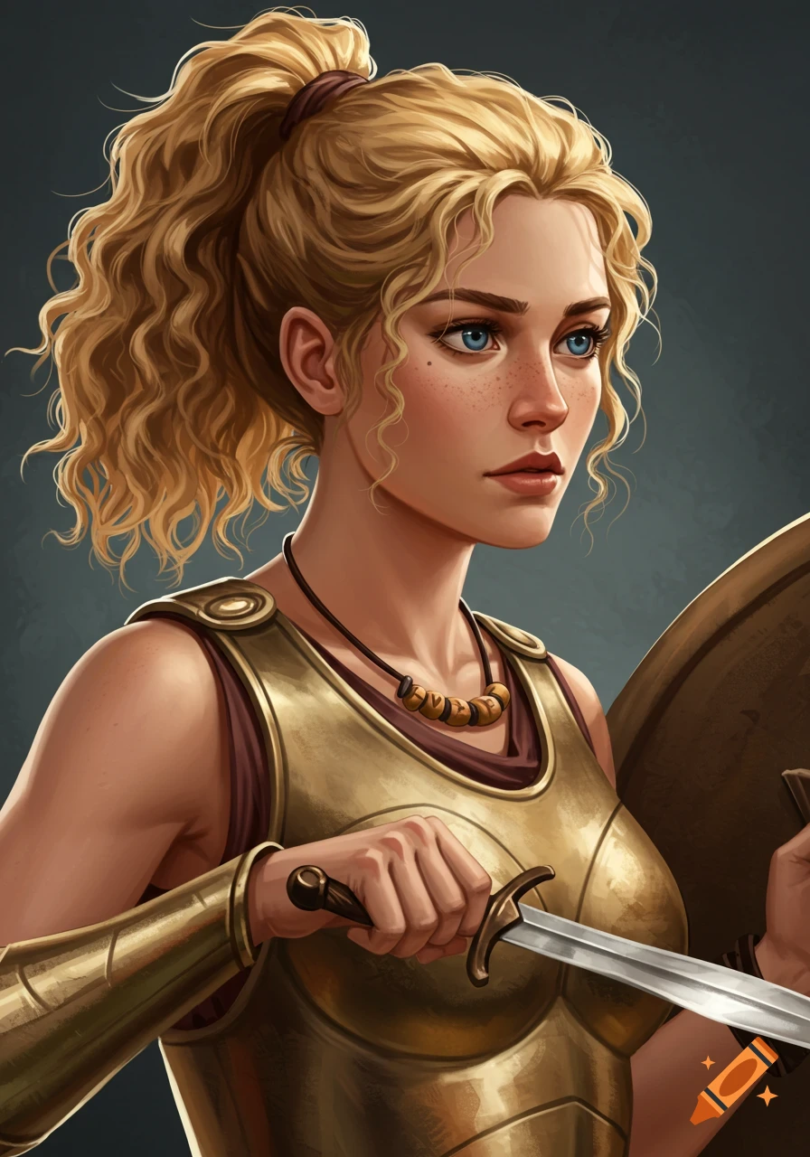 A detailed portrait of a blonde woman with a high ponytail, wearing ...