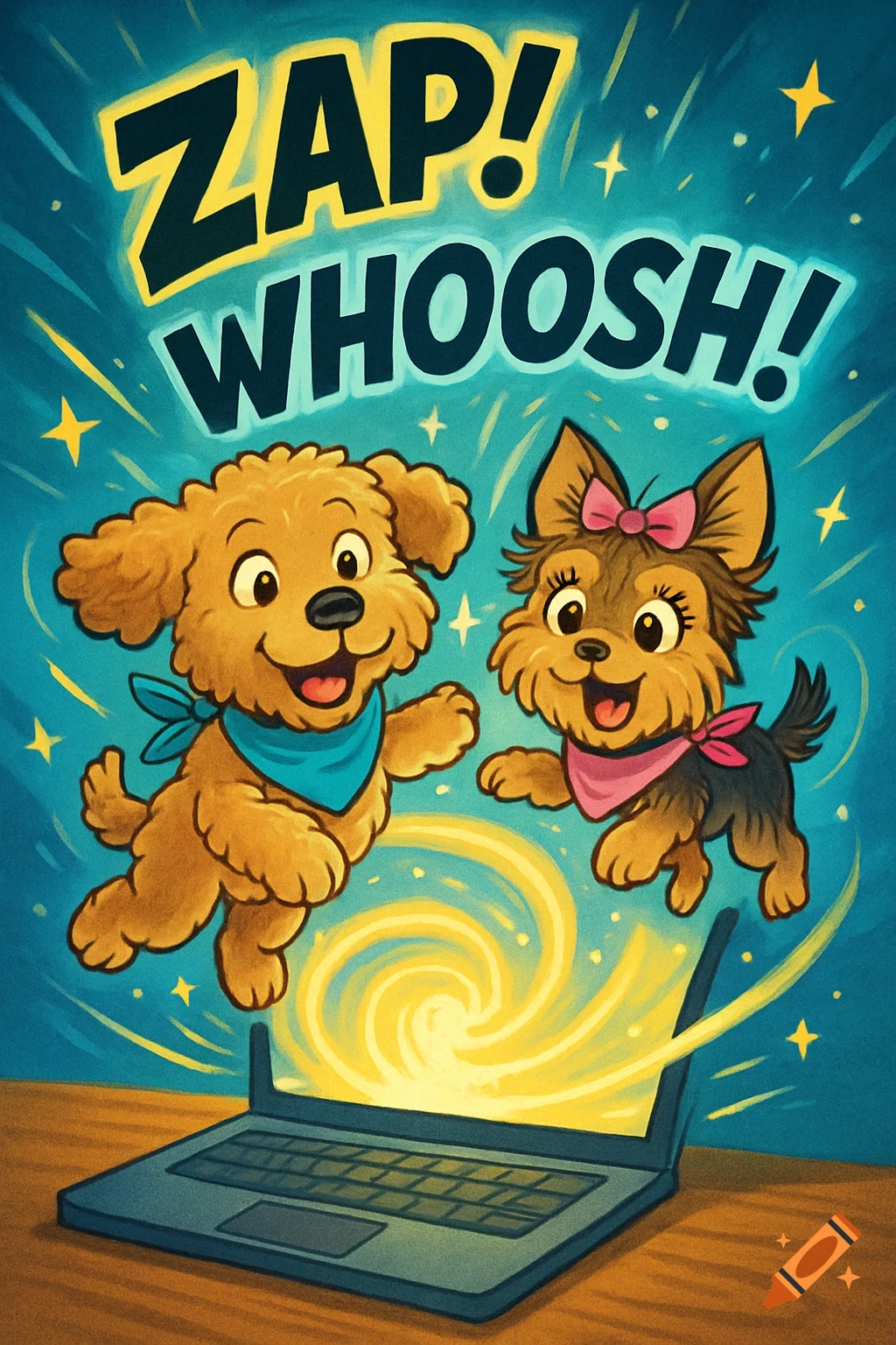 Cartoon illustration of two happy dogs swirling into a glowing laptop ...
