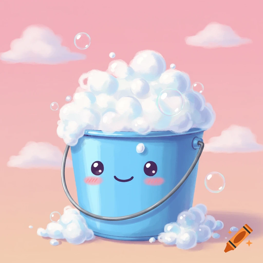 A cute, happy blue bucket overflowing with white soap suds and bubbles ...
