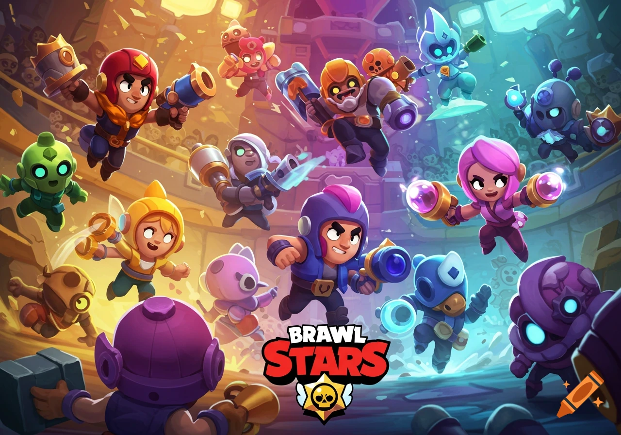Vibrant cartoon characters from Brawl Stars in a dynamic arena ...