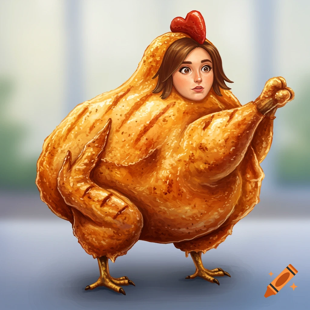 Illustration of a woman's head on a roasted chicken body with chicken ...