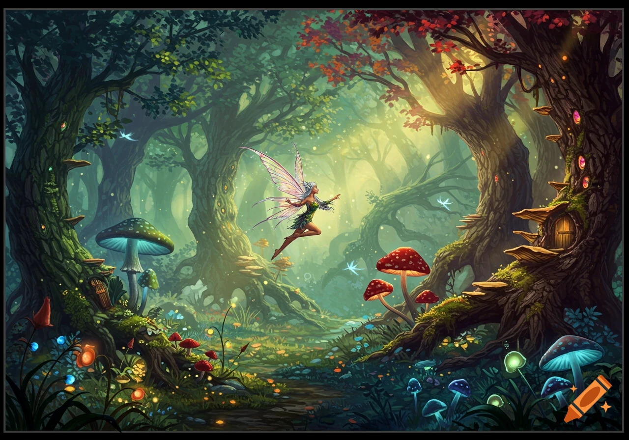 A vibrant illustration of a fairy flying through an enchanted forest ...