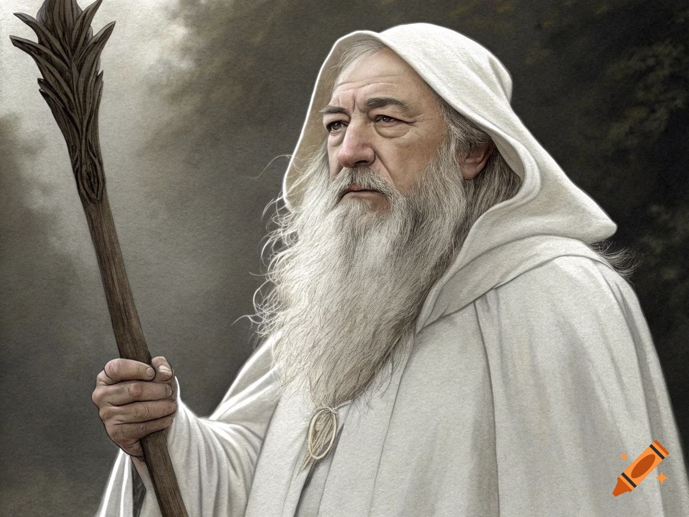 A close-up portrait of an old wizard with a long white beard and a ...