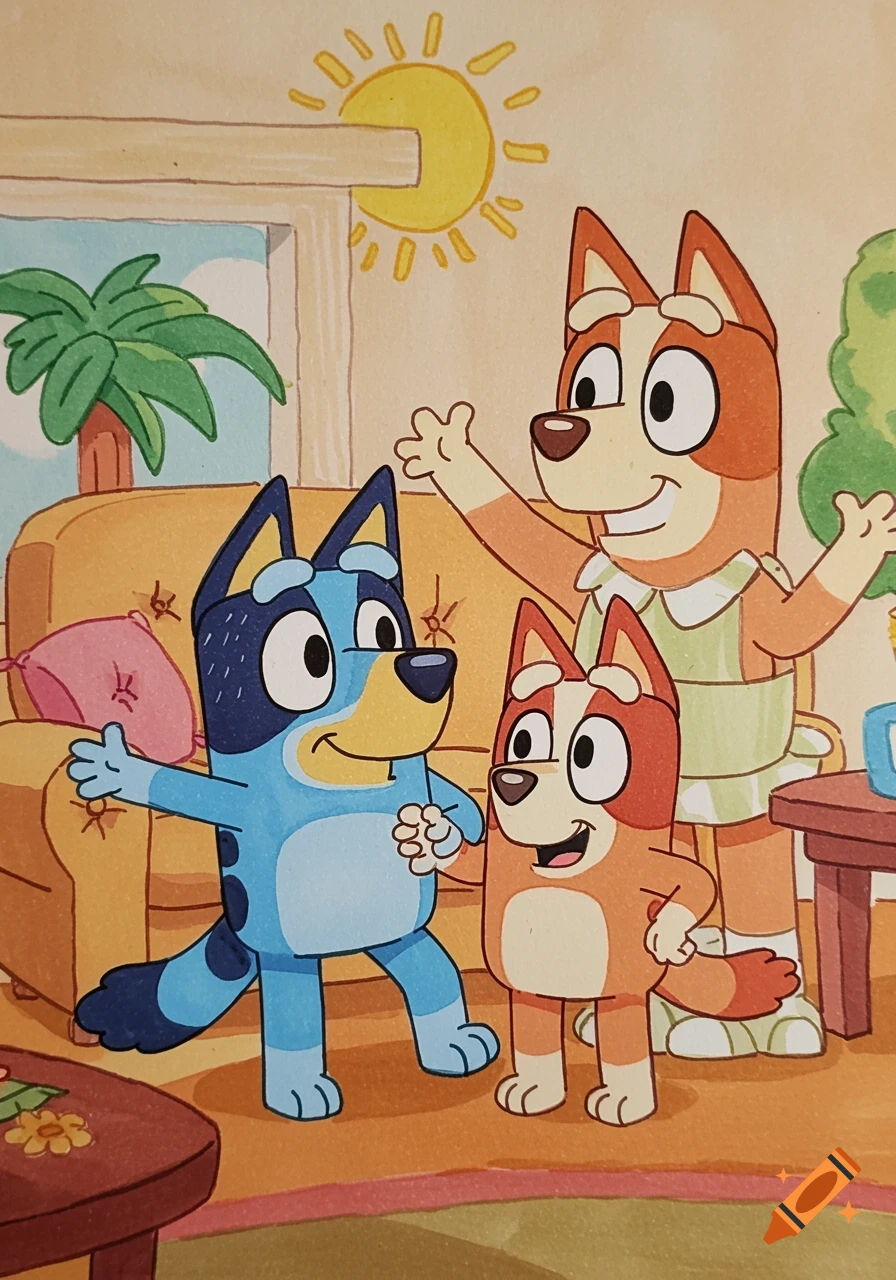 Bluey, Bingo, and Chilli from Bluey standing in a colorful cartoon ...