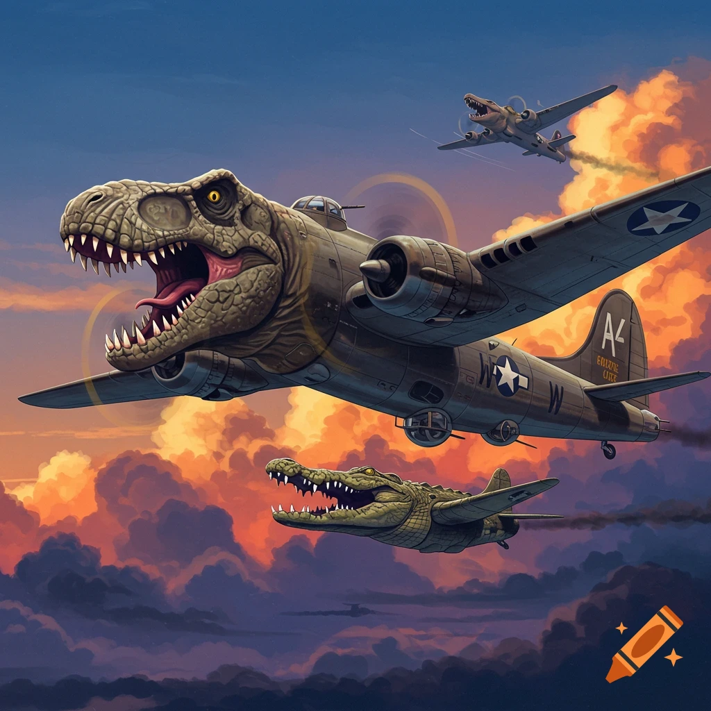 Large bomber plane with a T-Rex head carries a smaller bomber with a ...