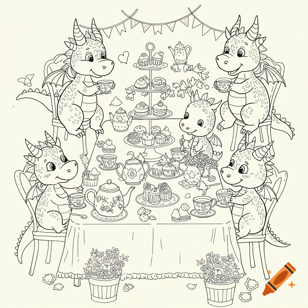 Five cute, smiling baby dragons are sitting around a table having a tea party, drawn in black ...