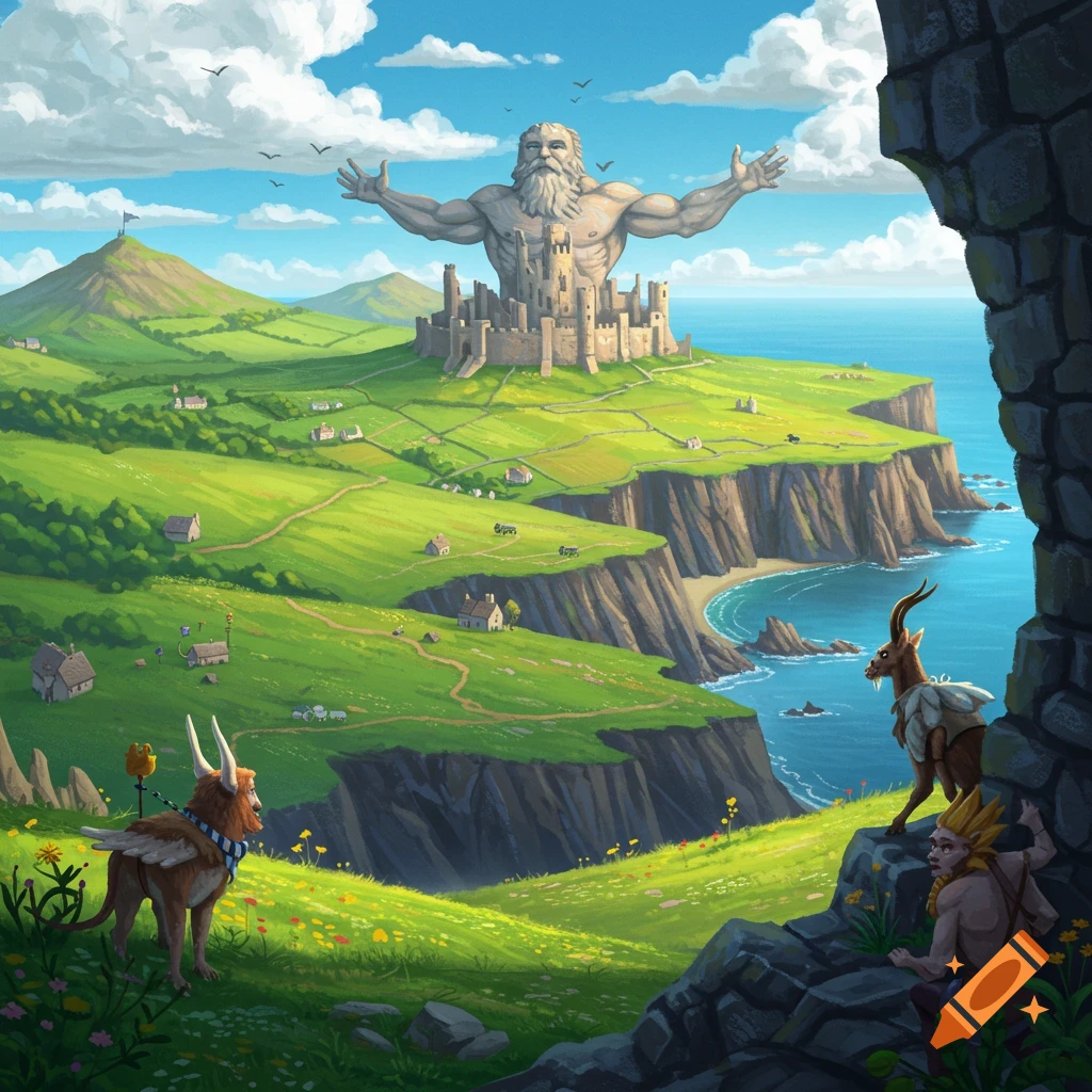 Fantasy landscape with a giant stone statue integrated into a castle on ...