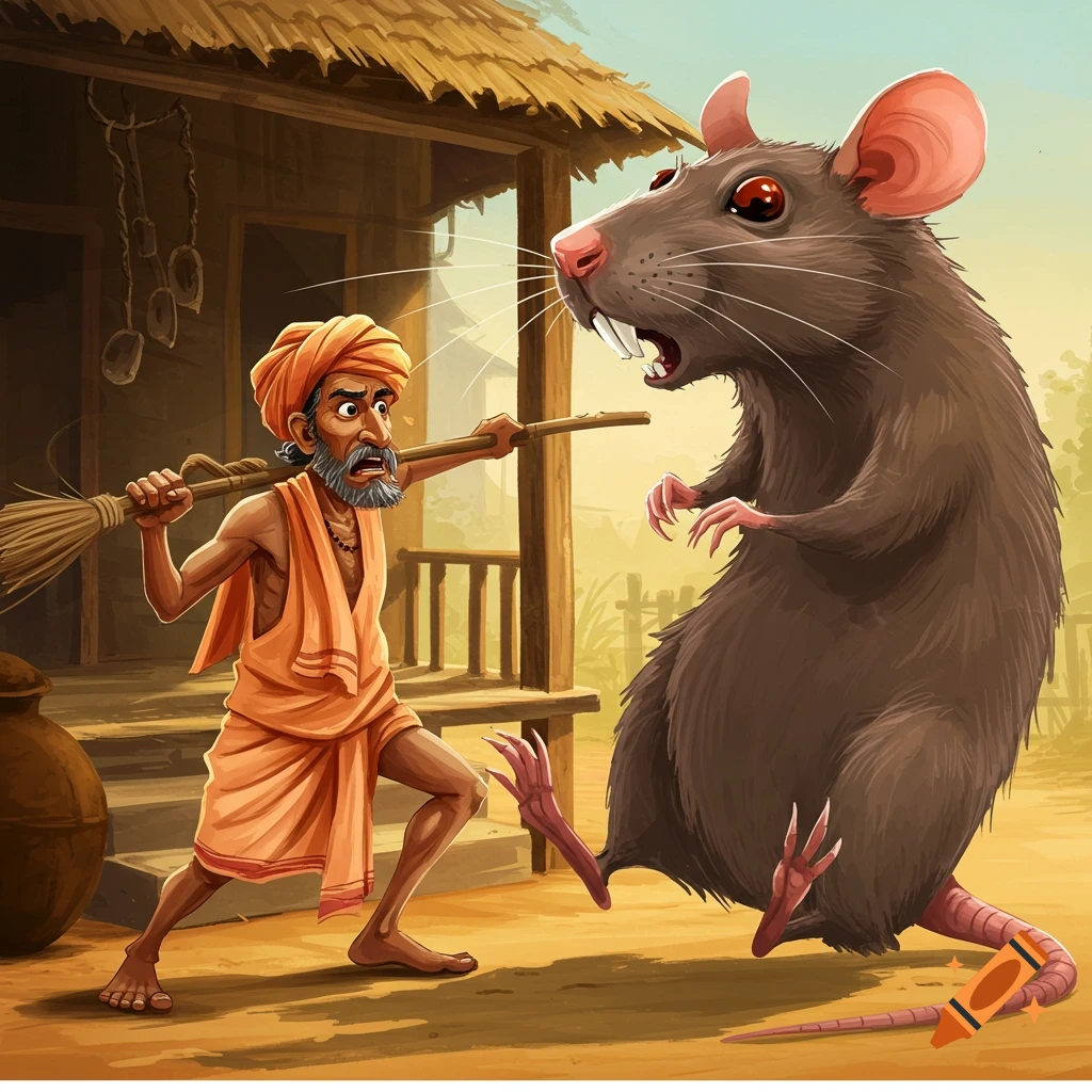 An Indian man with a turban fights a giant rat with a stick outside a ...