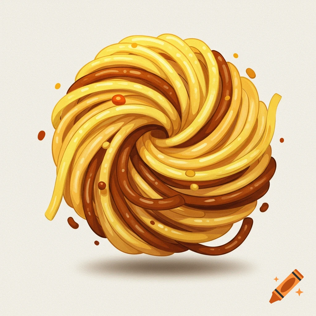 A stylized illustration of yellow and brown noodles spiraling into a ...