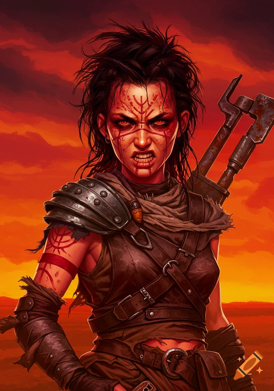 Fierce female warrior with red ritualistic face markings, glowing eyes ...