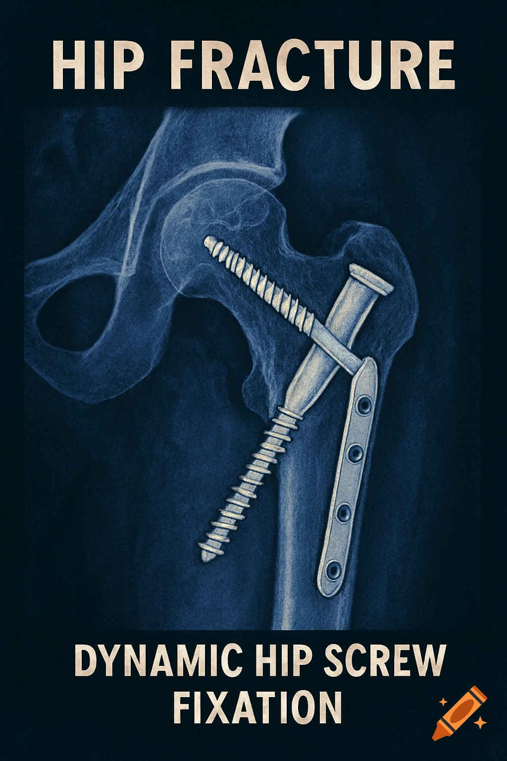 Stylized blue x-ray of a hip with a dynamic hip screw fixation. Text ...