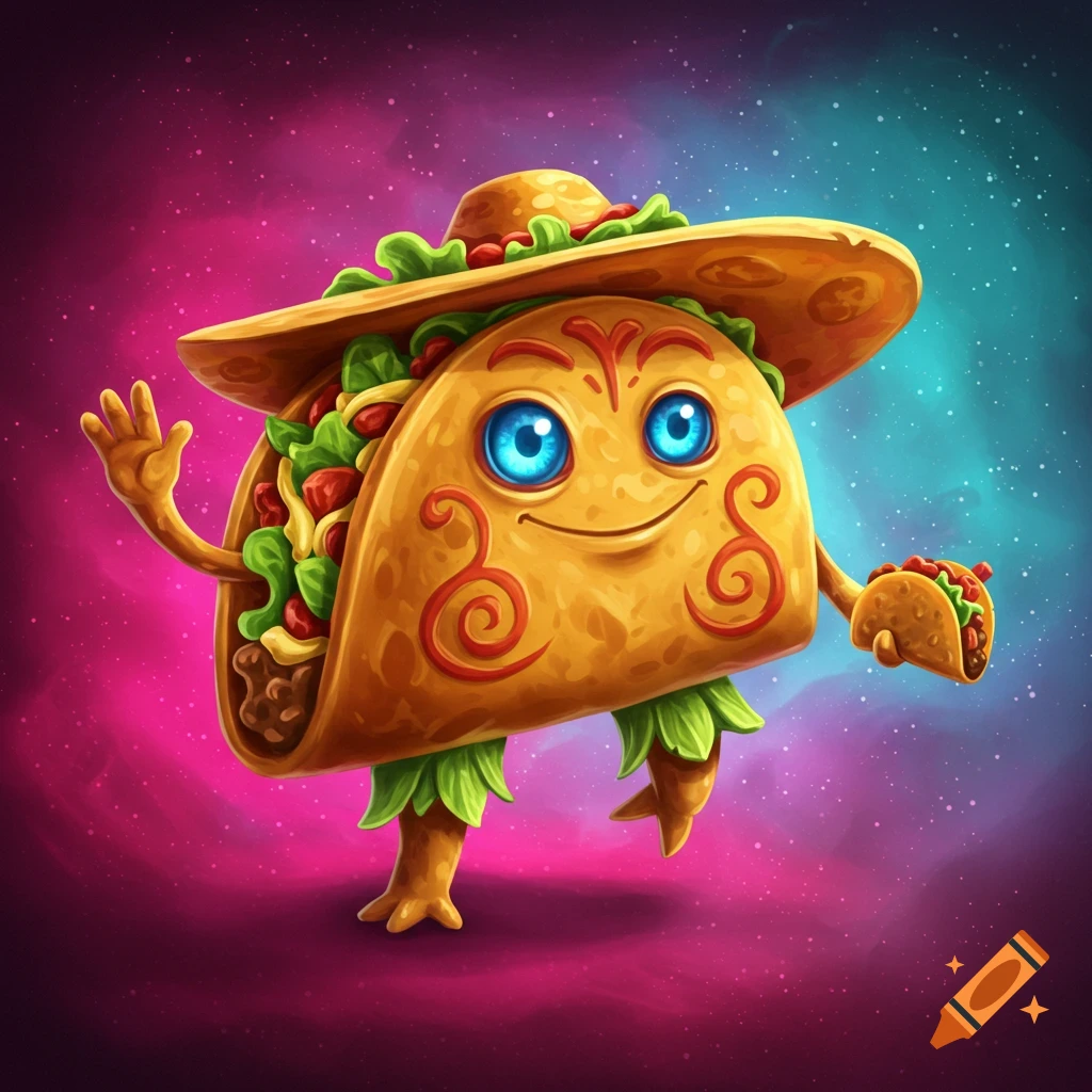 A smiling, animated taco character with blue eyes and a sombrero ...